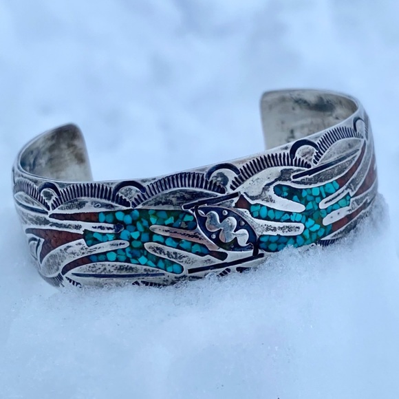 Native | Jewelry | Signeddelvin J Nelson Navajo Turquoise Coral Inlay ...